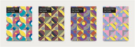 바우하우스 또는 스위스 패턴의 포스터 세트 복고풍 멀티 컬러 모자이크의 기본 기하학적 요소 추상 벡터 Bauhaus 패턴 배경