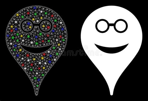 Glowing Mesh 2d Spectacles Smiley Map Marker Icon With Light Spots Stock Illustration