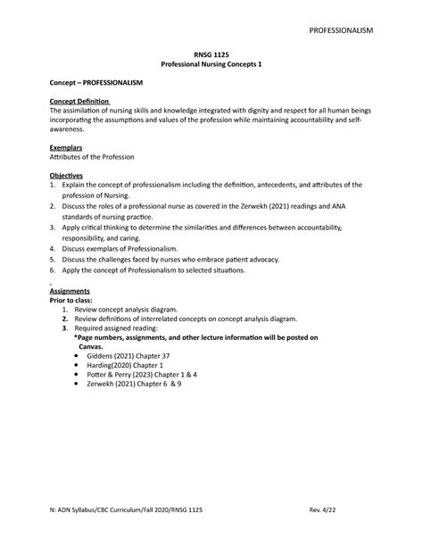 RNSG Professionalism PROFESSIONALISM RNSG Professional Nursing Concepts Concept