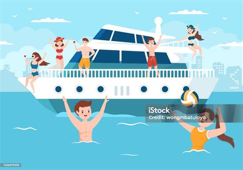요트 템플릿 손으로 그린 만화 플랫 일러스트 레이 션 사람들이 춤추고 일광욕을하고 칵테일을 마시고 바다에서 크루즈 요트에서 휴식을 취하십시오 관광에 대한 스톡 벡터 아트 및