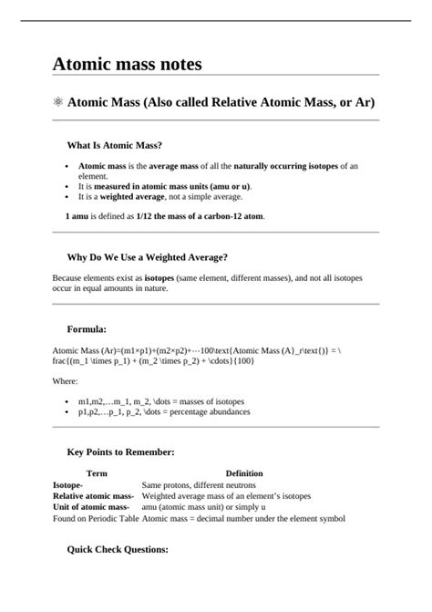 Summary Atomic Mass Notes Chem1513 Stuvia Sa