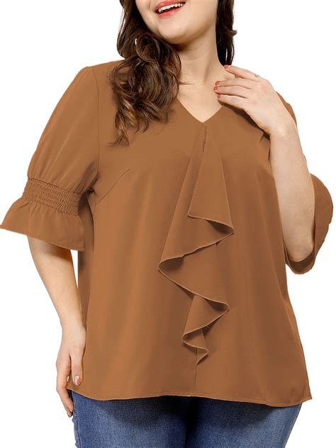 Unique Bargains Womens Plus Size Ruffle Loose V Neck Smocked Sleeves