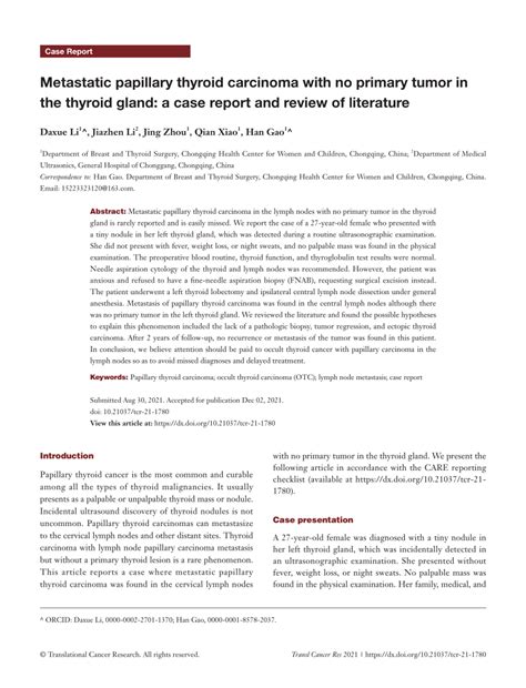 Pdf Metastatic Papillary Thyroid Carcinoma With No Primary Tumor In