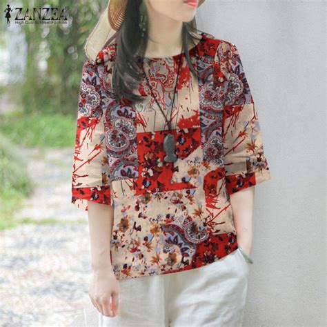Celmia Zanzea Women Casual Loose Floral Print Blouse Crewneck 34