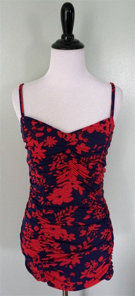 Lands End Red Blue Ruched Swimwear Swim Suit Top Size Gem