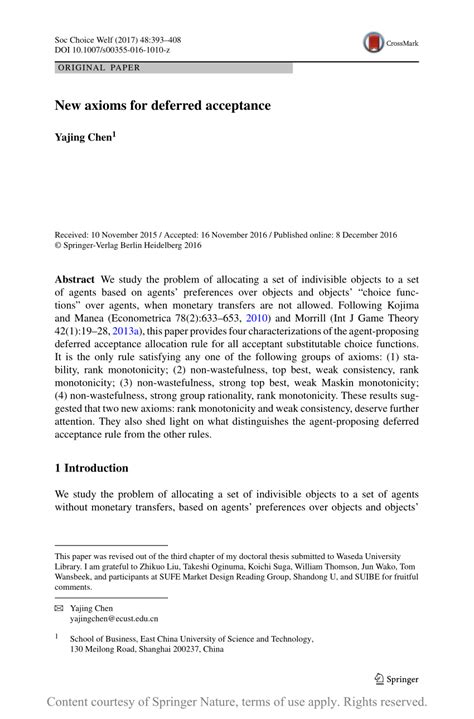 New Axioms For Deferred Acceptance