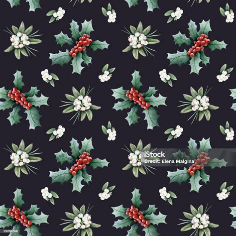 흰 스노우 베리와 홀리 빨간 열매 나뭇 가지 수채화 완벽 한 패턴 진한 파란색 크리스마스와 새해에 대 한 전통적인 휴일 식물 배경 꽃 무늬 0명에 대한 스톡 벡터 아트 및