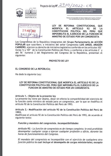 Congreso Proyecto De Ley Prohíbe Que Congresistas Ejerzan La Función
