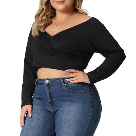 Womens Plus Size Long Sleeve V Neck Casual Off Shoulder Cross Wrap Tee