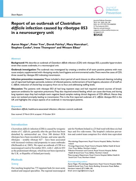 Pdf Report Of An Outbreak Of Clostridium Difficile Infection Caused