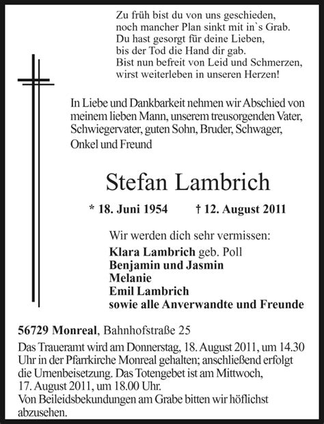 Traueranzeigen Von Stefan Lambrich Rz Trauerde