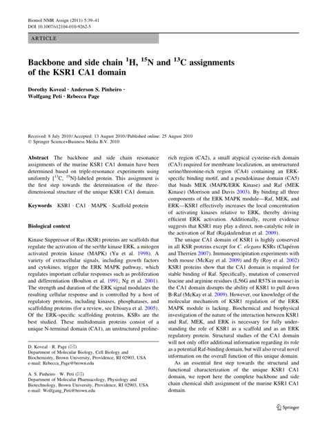 Pdf Backbone And Side Chain 1h 15n And 13c Assignments Of The Ksr1