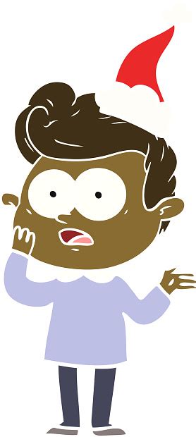 산타 모자를 쓰고 쳐다보는 남자의 손으로 그린 평면 컬러 그림 낙서 드로잉에 대한 스톡 벡터 아트 및 기타 이미지 낙서