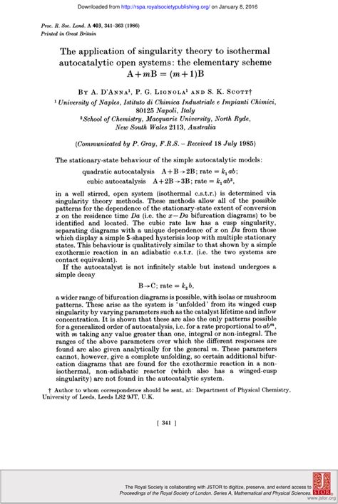 Pdf The Application Of Singularity Theory To Isothermal Autocatalytic Open Systems The