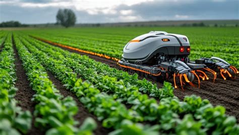 Autonomous Farming Robot Cultivates A Field Of Leafy Greens Showcasing Precision Agriculture