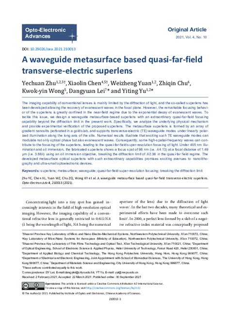 Pdf A Waveguide Metasurface Based Quasi Far Field Transverse Electric Superlens