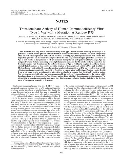 Pdf Transdominant Activity Of Human Immunodeficiency Virus Type 1 Vpr