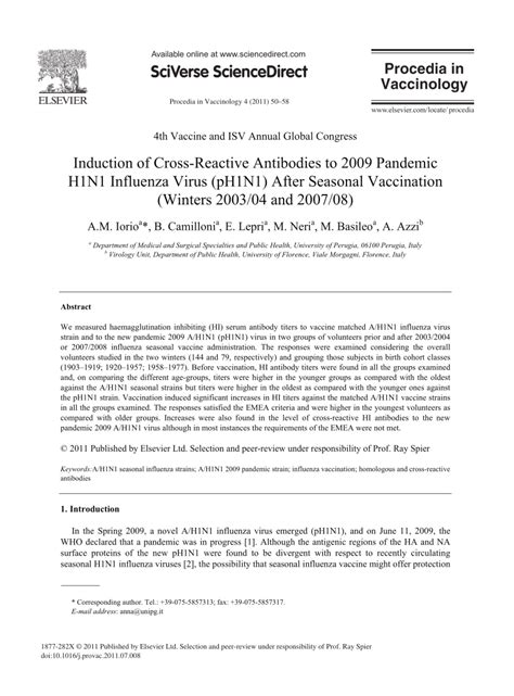 Pdf Induction Of Cross Reactive Antibodies To 2009 Pandemic H1n1