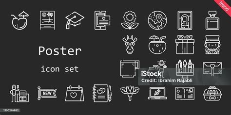 포스터 아이콘 세트입니다 라인 아이콘 스타일입니다 선물 새 결혼식 날 레모네이드 바베큐 그릴 그림 꽃 코코넛 케이지 손님 책 커피 컵 졸업 엽서 기린 과 같은 포스터 관련