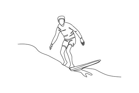Dessin Au Trait Unique Garçon Heureux Jouant Au Surf Sur La Plage En