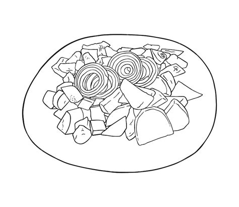 Shawarma 토마토 조각 치킨 오이 감자와 양파 링 음식 패스트 푸드 낙서 선형 만화 색칠 접시 프리미엄 벡터