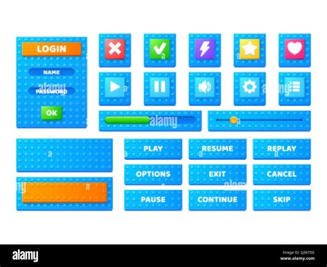 Set Game Menu Elements Block Toy Texture Cartoon Buttons Options Progress Bars Ui Design