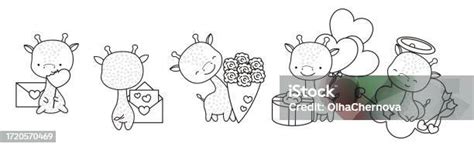 Ensemble Dillustrations De Pages À Colorier De Girafes Kawaii
