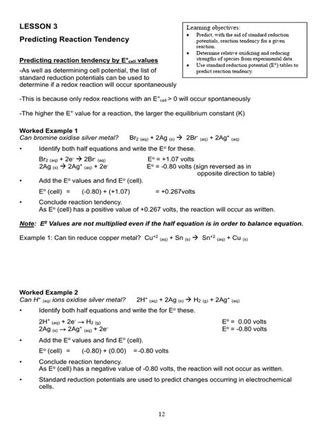 44 Predicting Reaction Tendency Pdf Redox Chemical Reactions