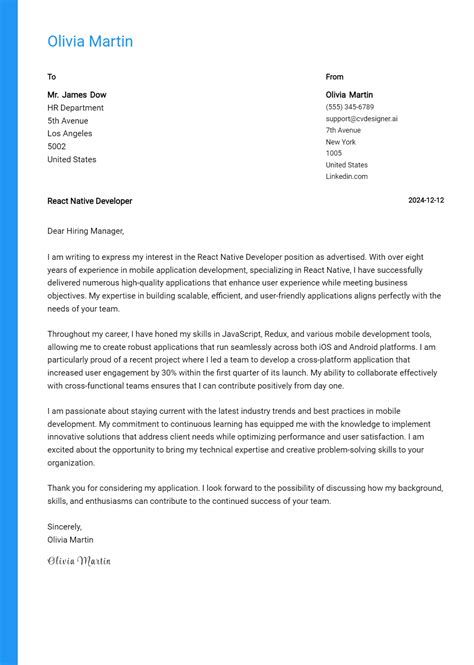 9 React Native Developer Cover Letter Examples For 2024 Downloadable Resumedesign Ai