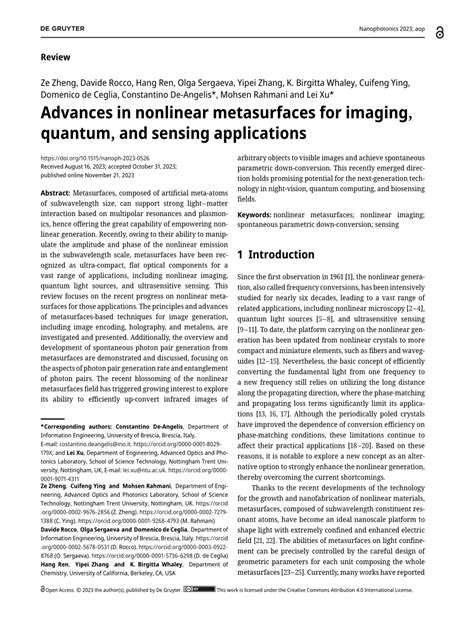 PDF Advances In Nonlinear Metasurfaces For Imaging Quantum And Sensing Applications
