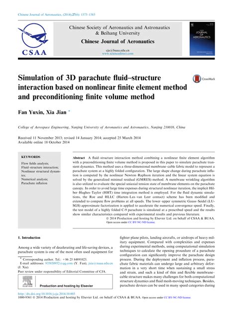 Pdf Simulation Of 3d Parachute Fluidstructure Interaction Based On