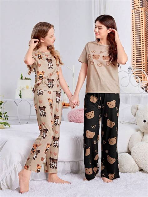 Shein Teen Girl Cute Bear Pattern Short Sleeve And Long Pants Casual Flame Retardant Pajamas Set
