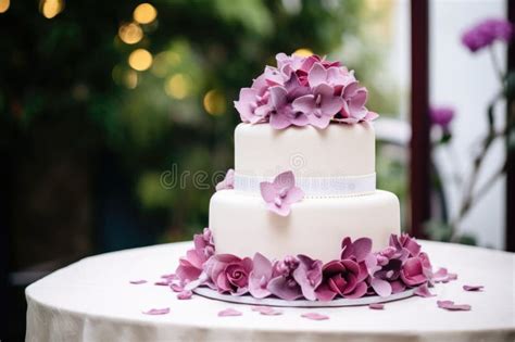 A Three Tier Fondant Wedding Cake With Flower Decorations Stock