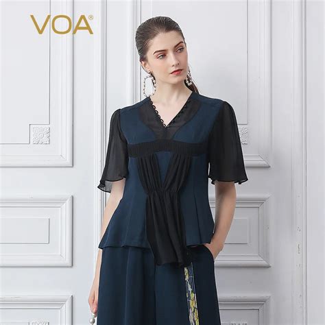 Voa Heavy Silk T Shirt Women Flare Sleeve Sexy Mesh Ladies Tops