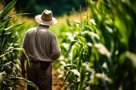 Farmer Agronomist Standing In Green Field Holding Corn Leaf In Hands