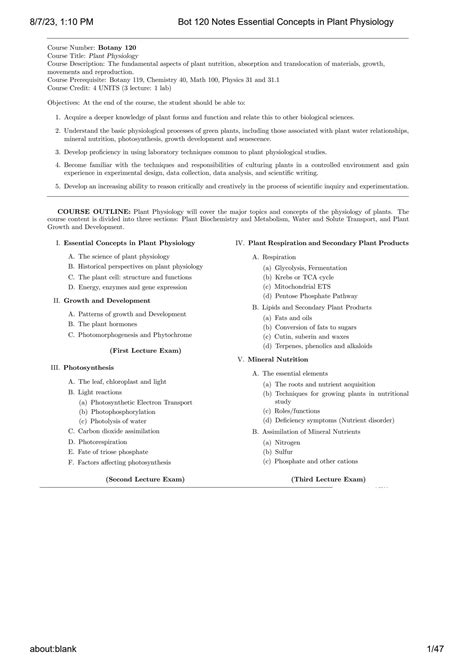 SOLUTION 120 Notes Essential Concepts In Plant Physiology General