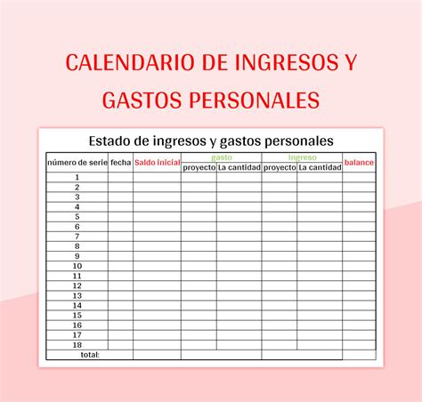 Plantilla de Formato Excel Calendario De Ingresos Y Gastos Personales y Hoja de Cálculo de