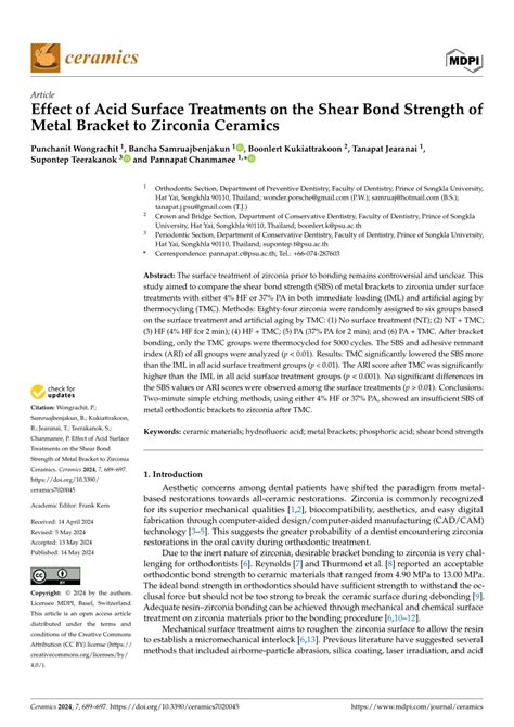 Pdf Effect Of Acid Surface Treatments On The Shear Bond Strength Of Metal Bracket To Zirconia