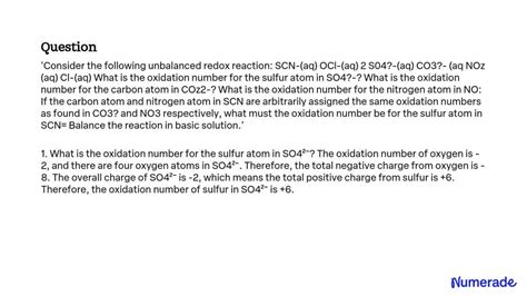 Solved Consider The Following Unbalanced Redox Reaction Scn Aq Ocl Aq 2 So4 2 Aq