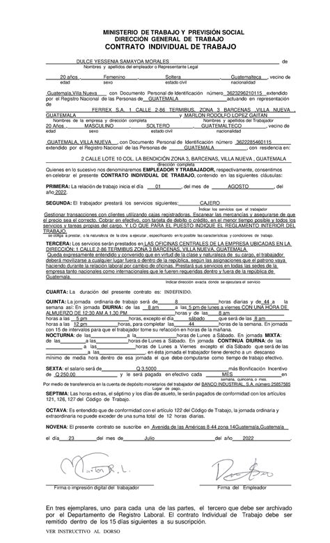 Formato De Contrato De Trabajo El Salvador