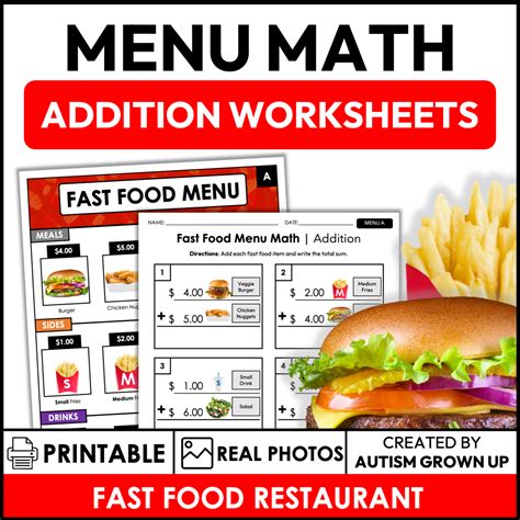 Menu Math Worksheets Fast Food Addition — Autism Grown Up