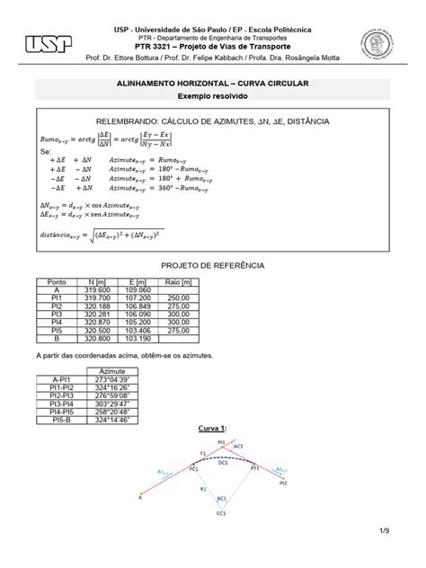 Alinhamento Horizontal Curva Circular Exemplo Resolvido Pdf