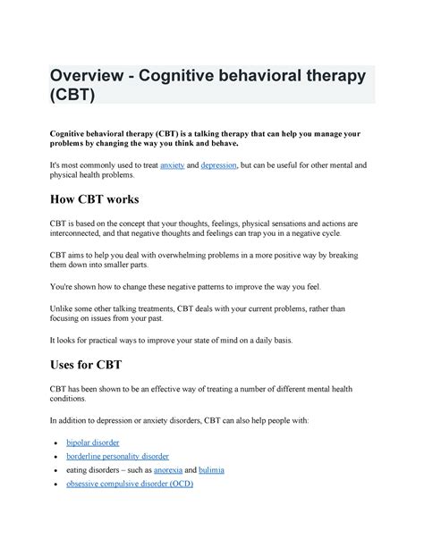 Cognitive Behavioral Therapy CBT Overview Cognitive Behavioral Therapy CBT Cognitive