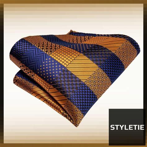 Navy Blue Gold Plaid Silk Bowtie Pocket Square Cufflink Set Video
