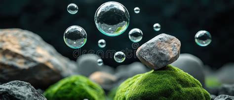 A Cluster Of Bubbles Floats Above A Bed Of Rocks And Moss Stock Image