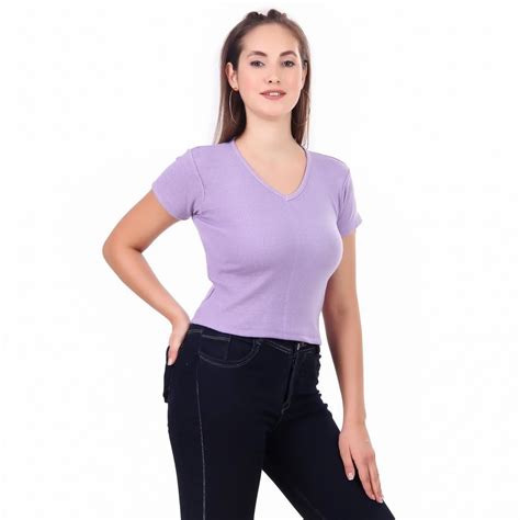 Cotton Half Sleeve V Neck Crop Top For Women Solid Lavender At Rs 59