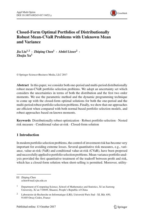 Pdf Closed Form Optimal Portfolios Of Distributionally Robust Mean