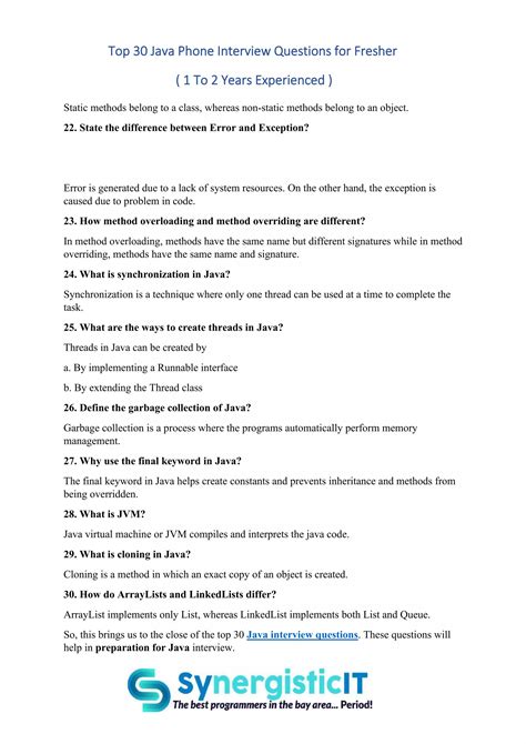 Top Java Phone Interview Questions Answers For Freshers To Years Experienced Pdf