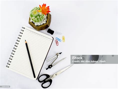 노트북을 포함한 연구 자료 검은 연필 가위 연필 나침반 일부 종이 클립과 흰색 종이 배경에 흩어져 미니어처 녹색 나무 0명에 대한 스톡 사진 및 기타 이미지 Istock