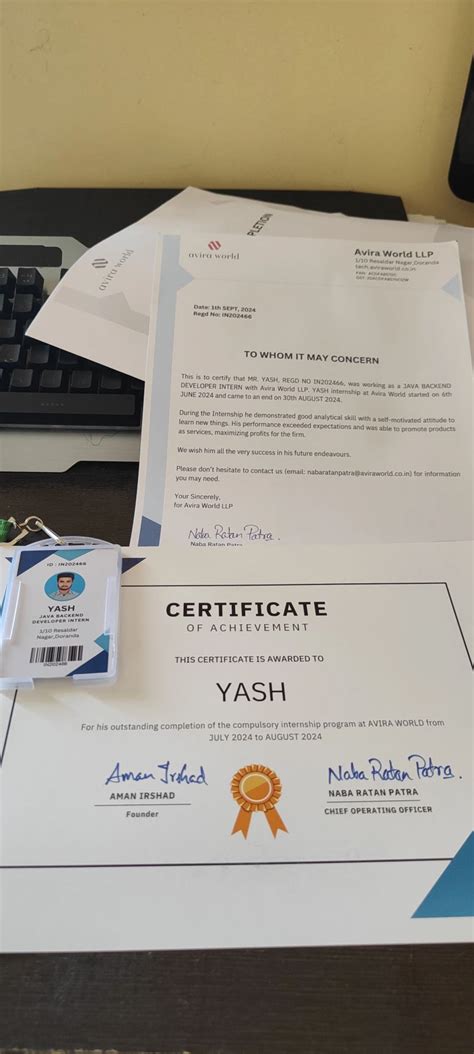 yash on linkedin completed my java backend internship at avira world
